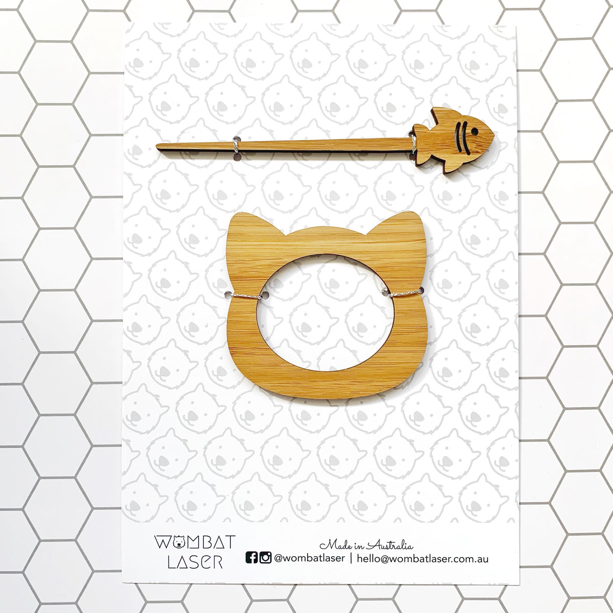 Bamboo / wooden shawl pin - cat & fish – Wombat Laser